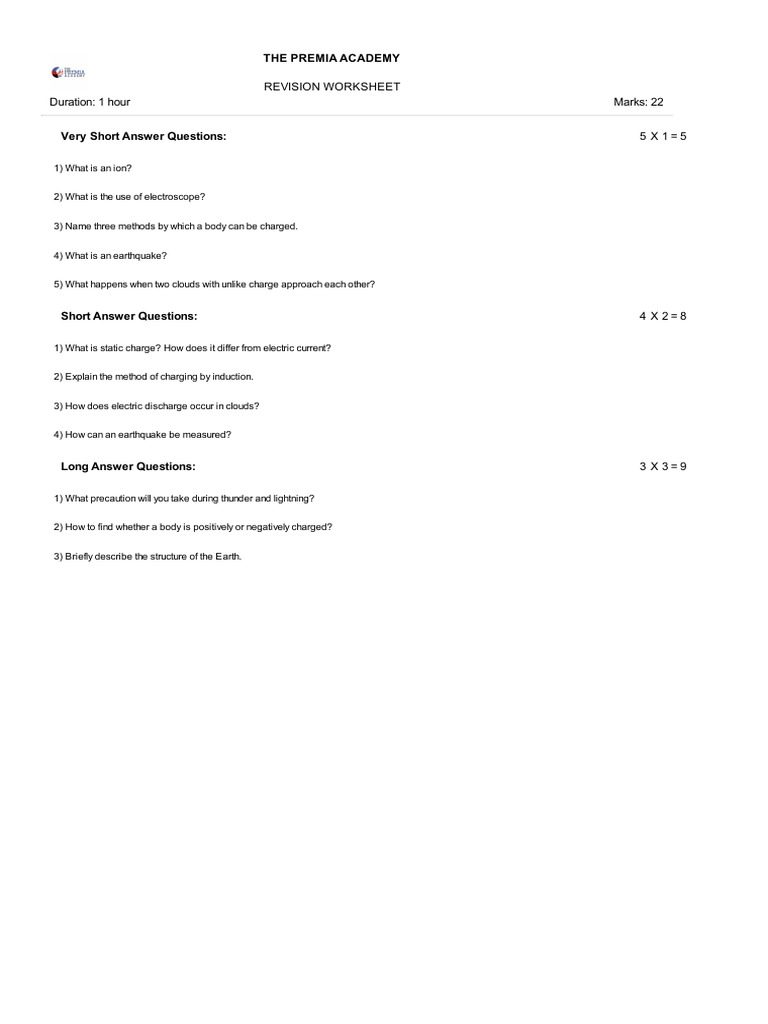 Revision Worksheet 1 | PDF