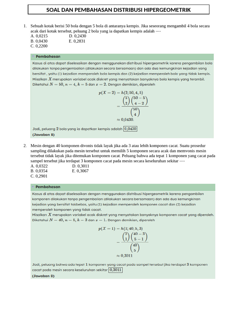 Contoh Soal Distribusi Hipergeometrik | PDF