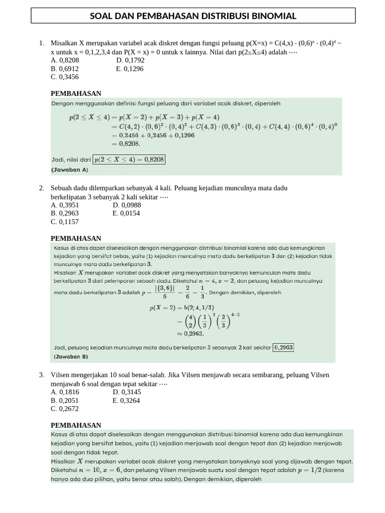 SOAL DAN PEMBAHASAN DISTRIBUSI BINOMIAL | PDF