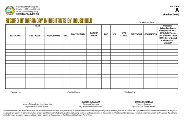 RBI Form A - Record of Barangay Inhabitants (By Household) | PDF