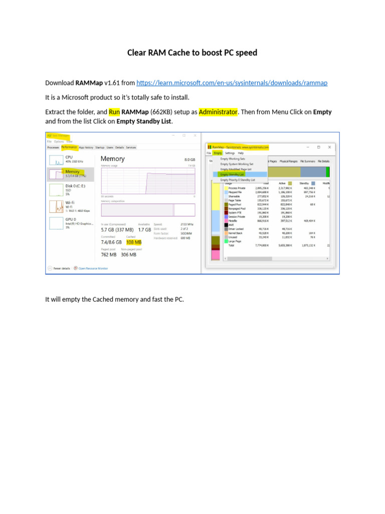 Clear RAM Cache and Make PC faster Win10-11 | PDF