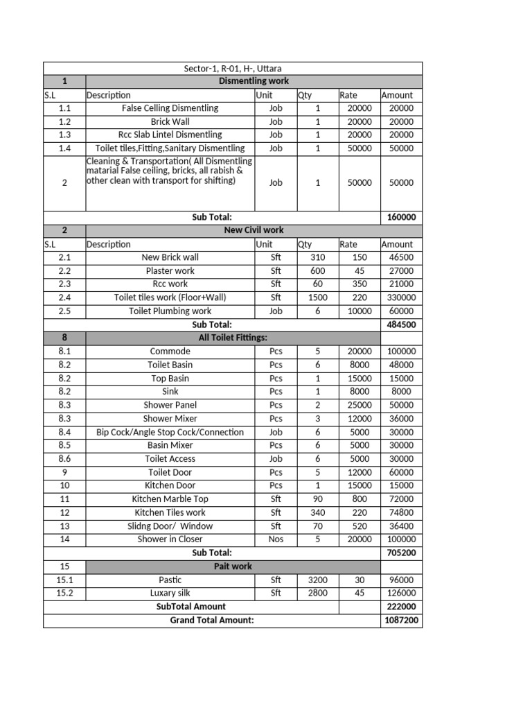 Liton Sir Sector-1 Boq | PDF | Architectural Elements | Buildings And Structures