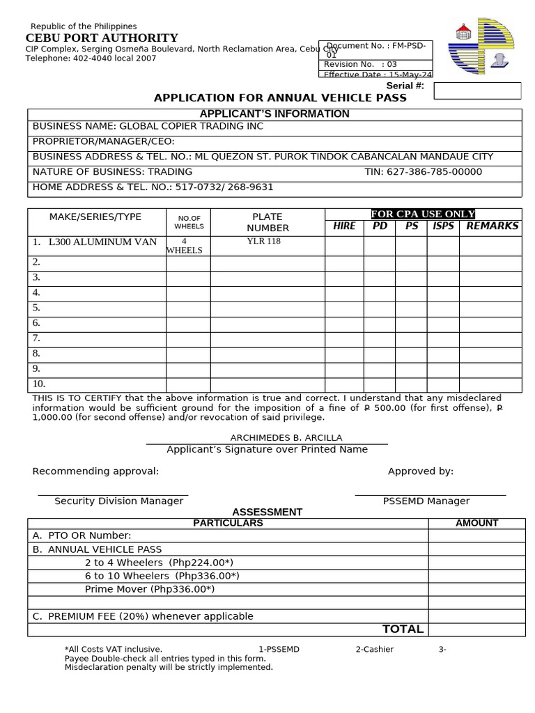 Annual Vehicle Pass Application Form | PDF