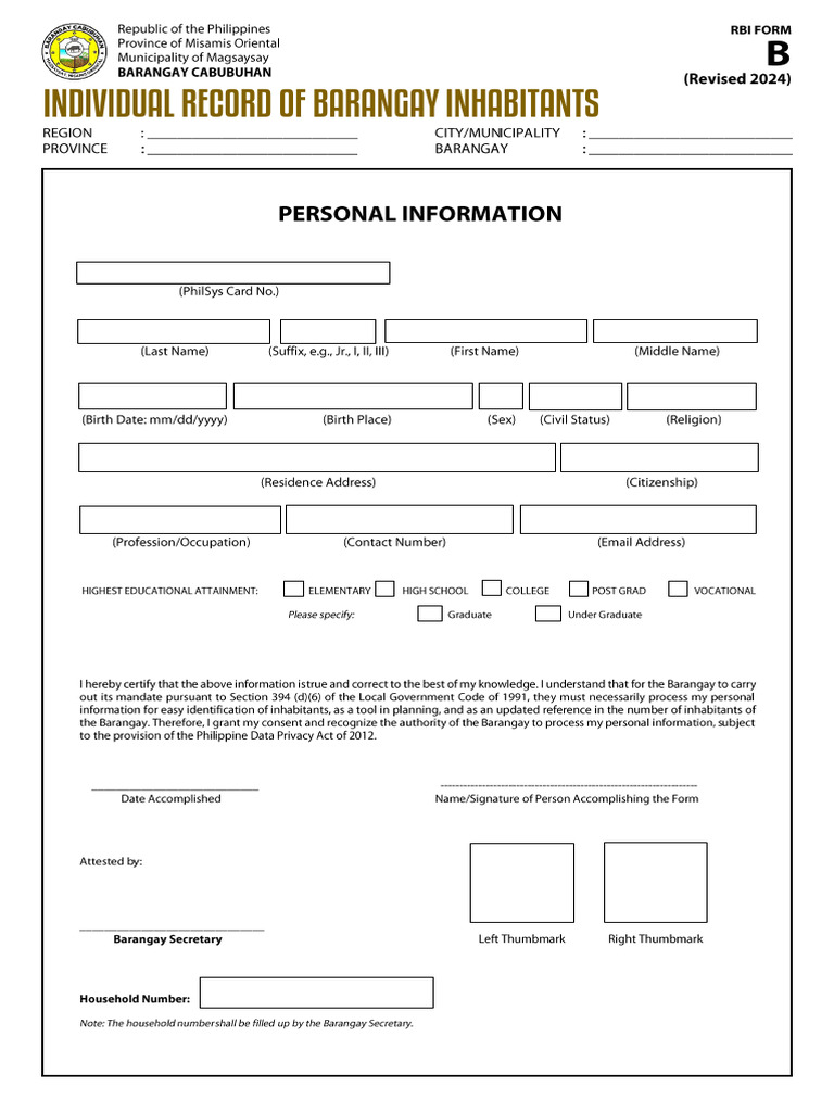 RBI Form B - Record of Barangay Inhabitants (Individual) | PDF