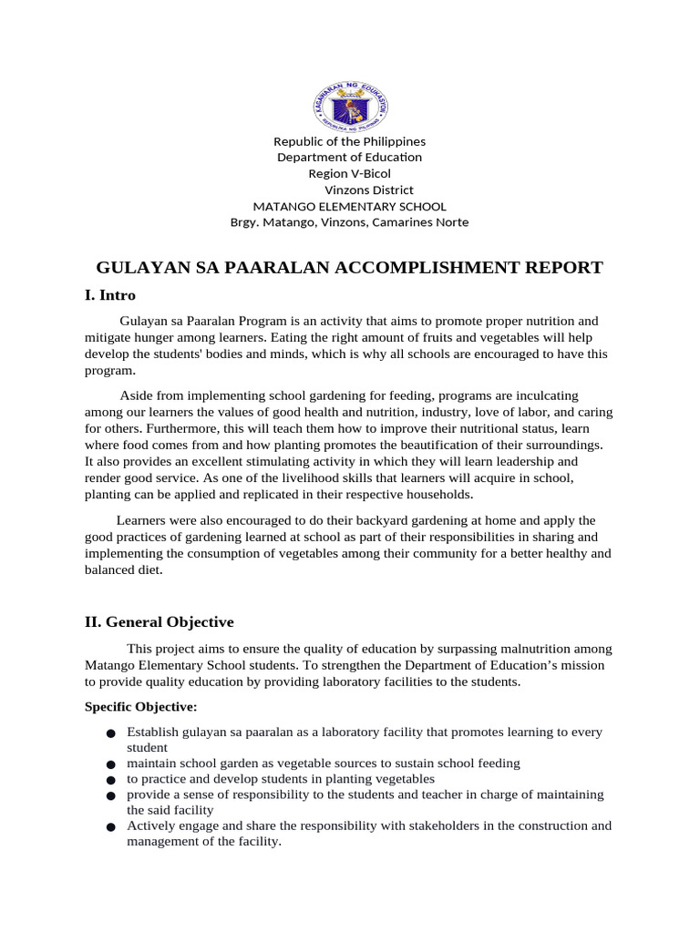 Accomplishment Report Gulayan Sa Paaralan | PDF | Vegetables | Agriculture