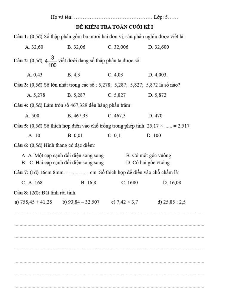 Toán 5-HK1-Đề 3 | PDF