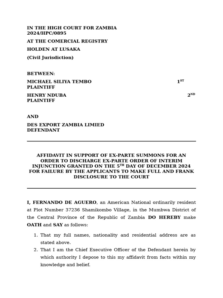 Affidavit in Support of Summons to Discharge Injunction and to dismiss ...