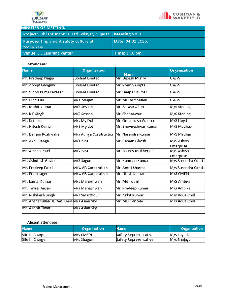 11th MOM of Safety Committee Meeting. | PDF | Safety