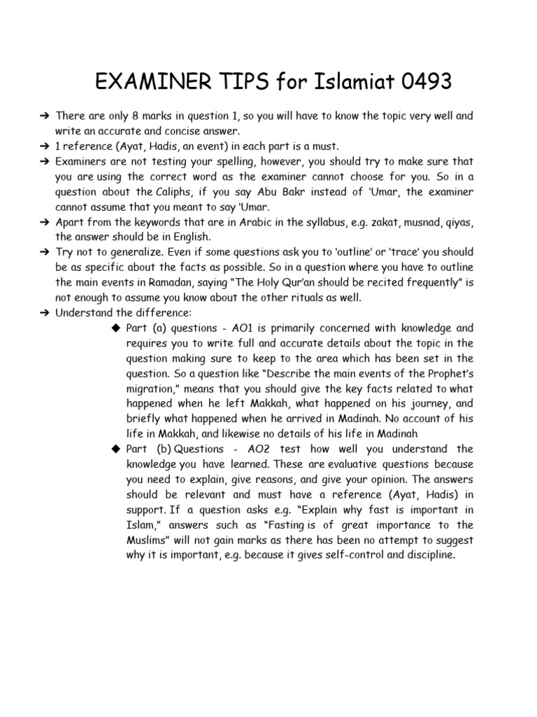 EXAMINER TIPS For Islamiat 0493 | PDF