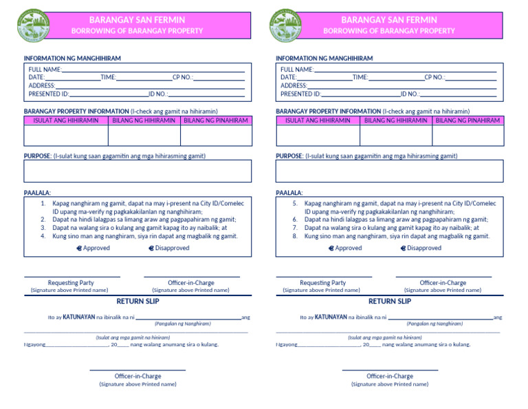 Transaction Slip - Borrowing of Barangay Property | PDF