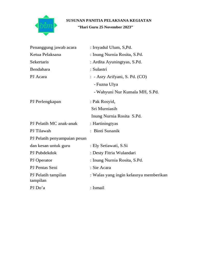 Susunan Panitia Hari Guru 2023 | PDF