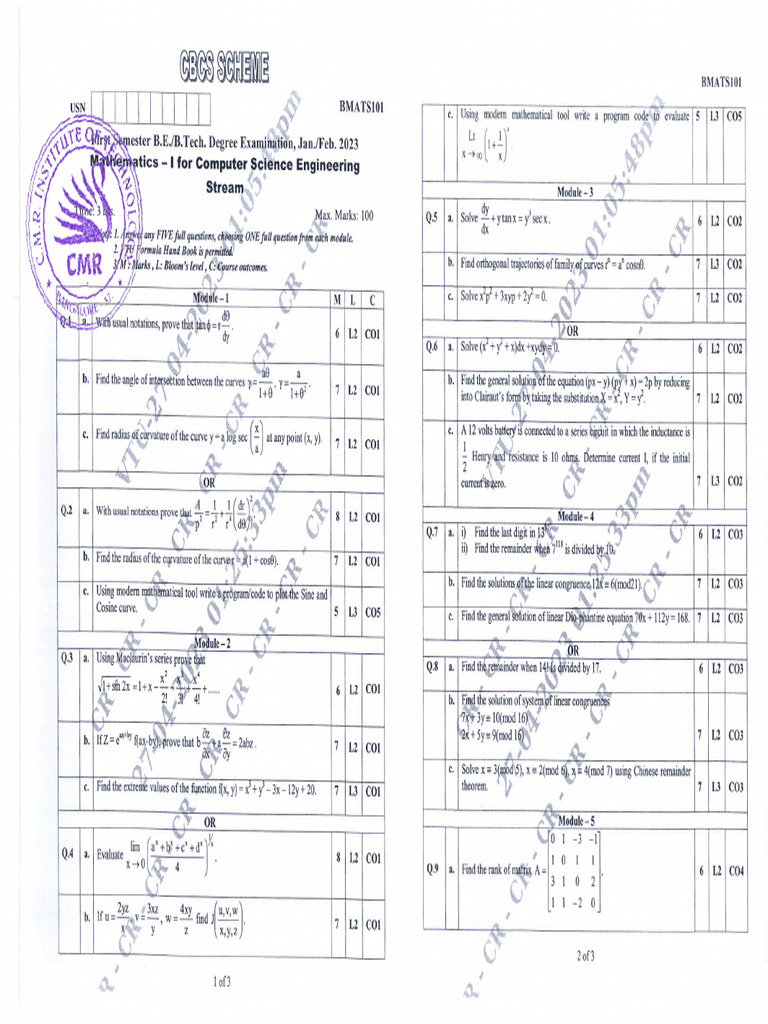 VTU Question Paper of BMATS101 Mathematics For CSE Stream - I Jan-Feb-2023 | PDF