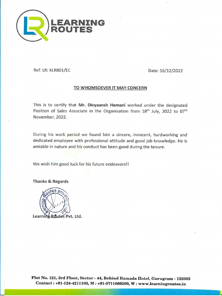 Exp. Letter Divyaansh Hemani (1) | PDF