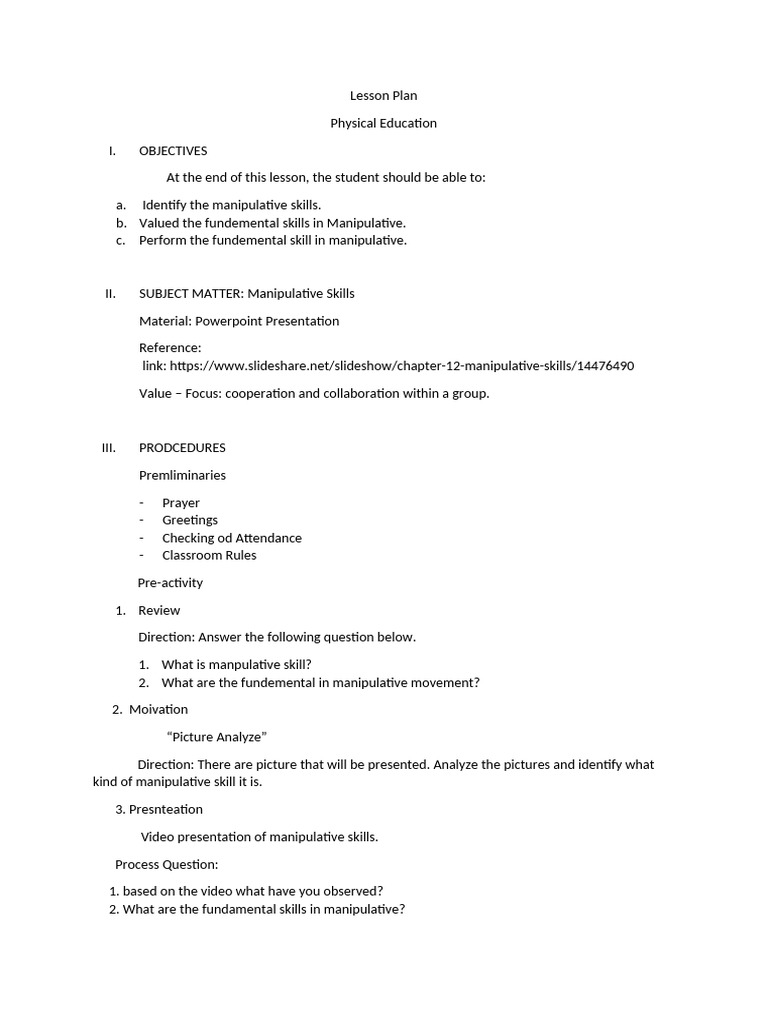 Physical Education Lesson Plan | PDF | Lesson Plan | Volleyball