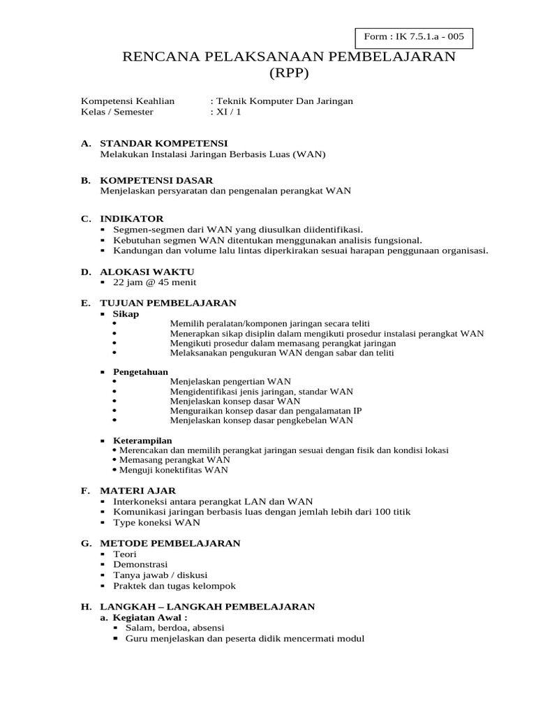13 1 RPP Melakukan Instalasi Perangkat Jaringan Berbasis Luas (Wide Area Network) | PDF