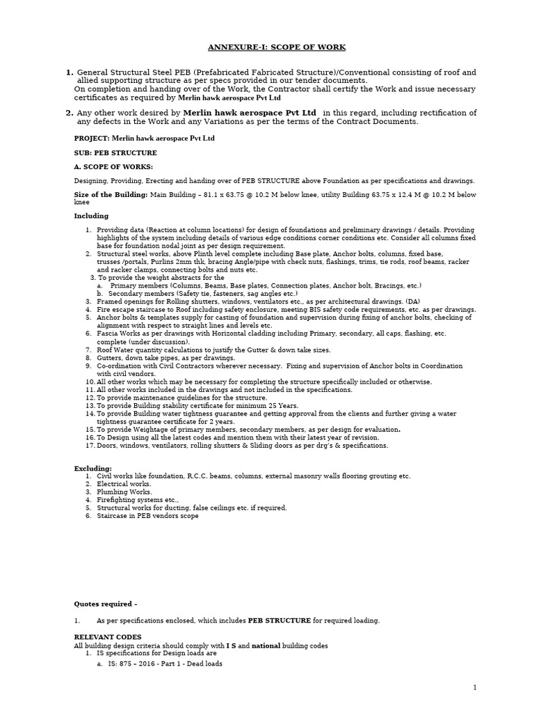 Merlinhawk Volumn - 3 PEB Specification 30.9.24 | PDF | Screw | Building Engineering