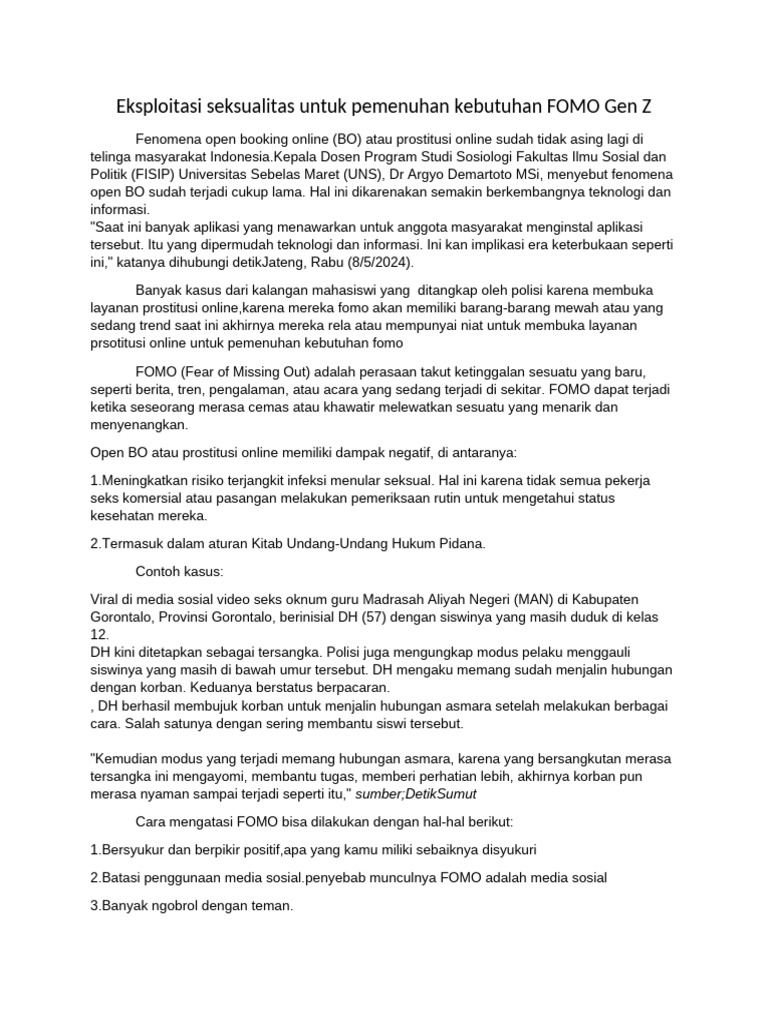 Eksploitasi Seksualitas Untuk Pemenuhan Kebutuhan FOMO | PDF