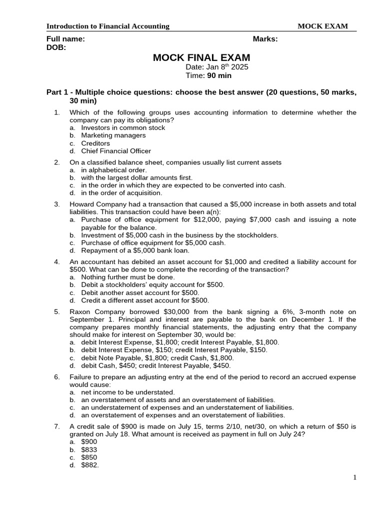 FA_Mock-Final-Exam | PDF | Debits And Credits | Equity (Finance)