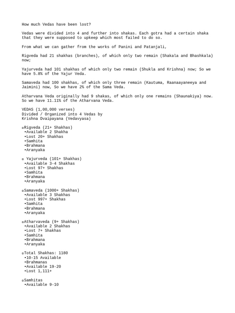 Lost Vedas: Current Status and Figures | PDF