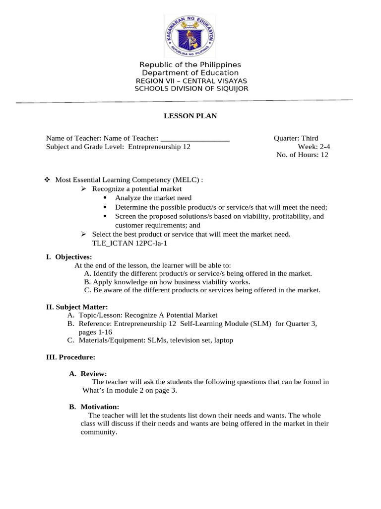 Prototype Lesson Plan Entrep Module 2 Pdf Lesson Plan Teachers