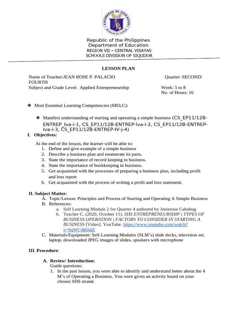 Applied Entrepreneurship Prototype Lesson Plan Module 2 Q4 | PDF ...