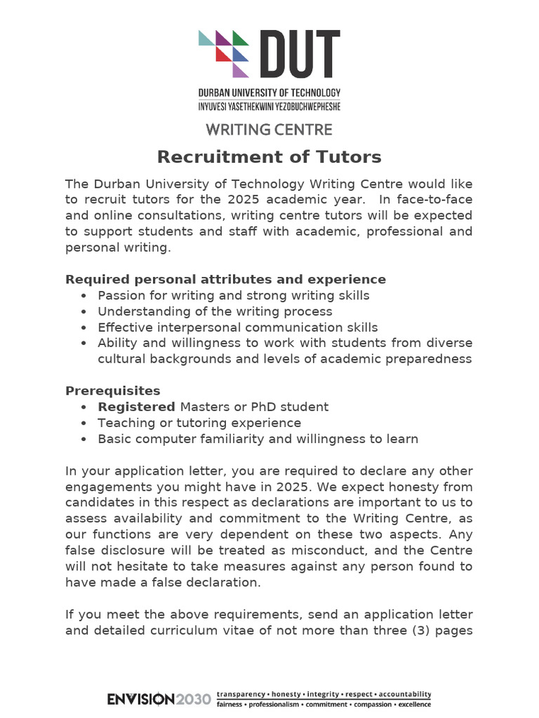 Tutor Recruitment At Dut Writing Centre Pdf