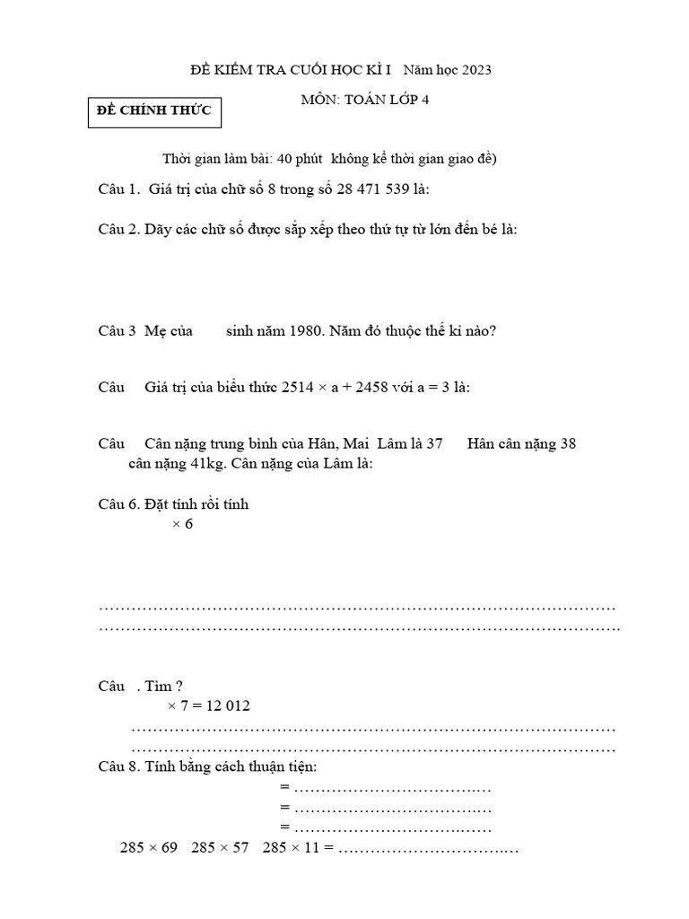 ĐỀ TOÁN 4 CKI | PDF