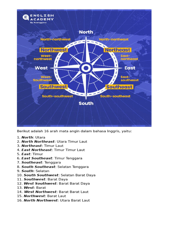 16 Arah Mata Angin dalam Bahasa Inggris | PDF