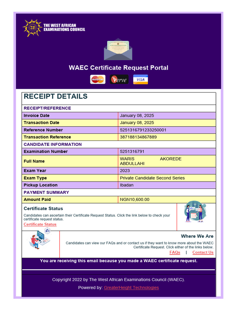 WAEC Certificate Request Receipt Details | PDF