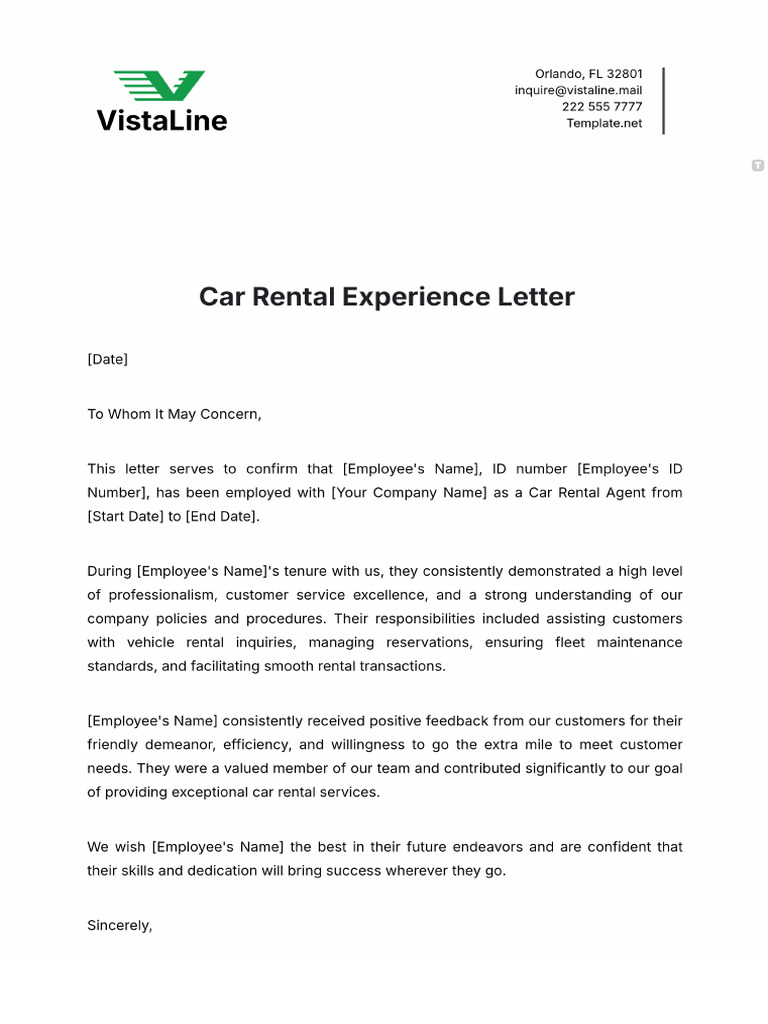 Car Rental Experience Letter Template | PDF