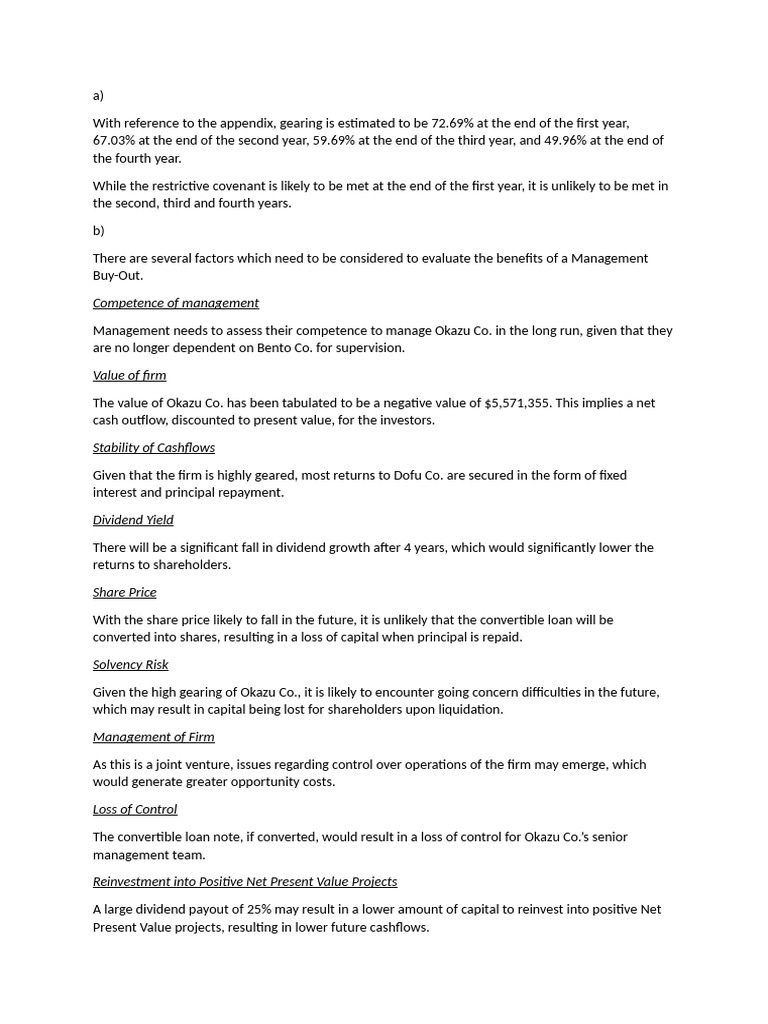 Management Buy-Out Assessment for Okazu Co. | PDF