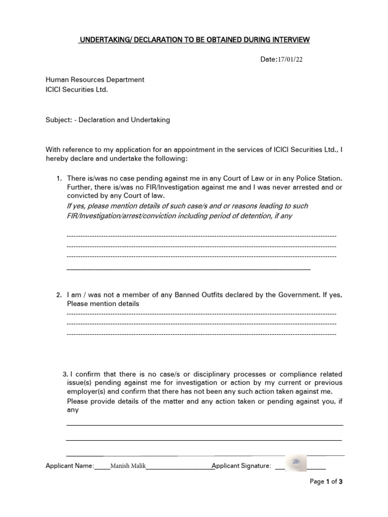 I-Sec Pre Interview Declaration | PDF | Justice | Crime & Violence