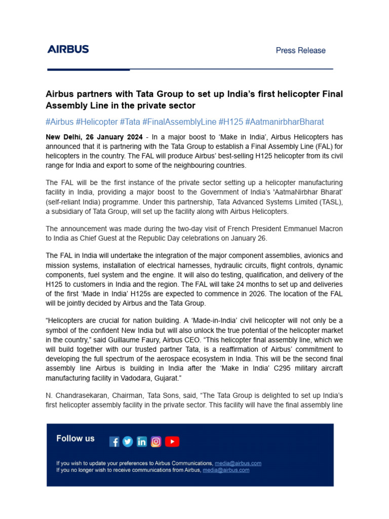 Airbus Partners With Tata Group To Set Up Indias First Helicopter Final Assembly Line in The ...