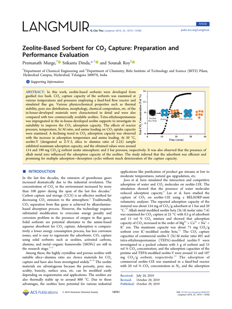 Zeolite-Based Sorbent For CO 2 Capture Preparation and Performance ...