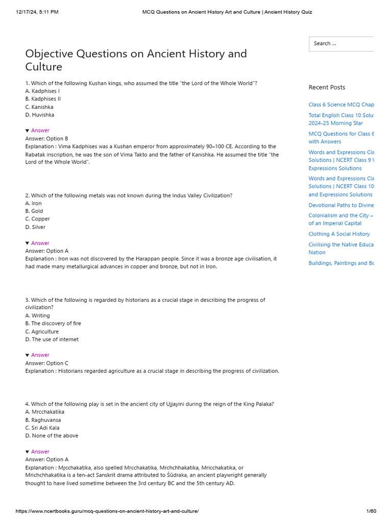 MCQ Questions On Ancient History Art and Culture - Ancient History Quiz ...