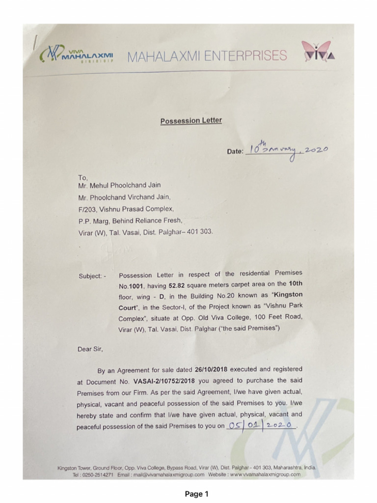 Possession Letter | PDF