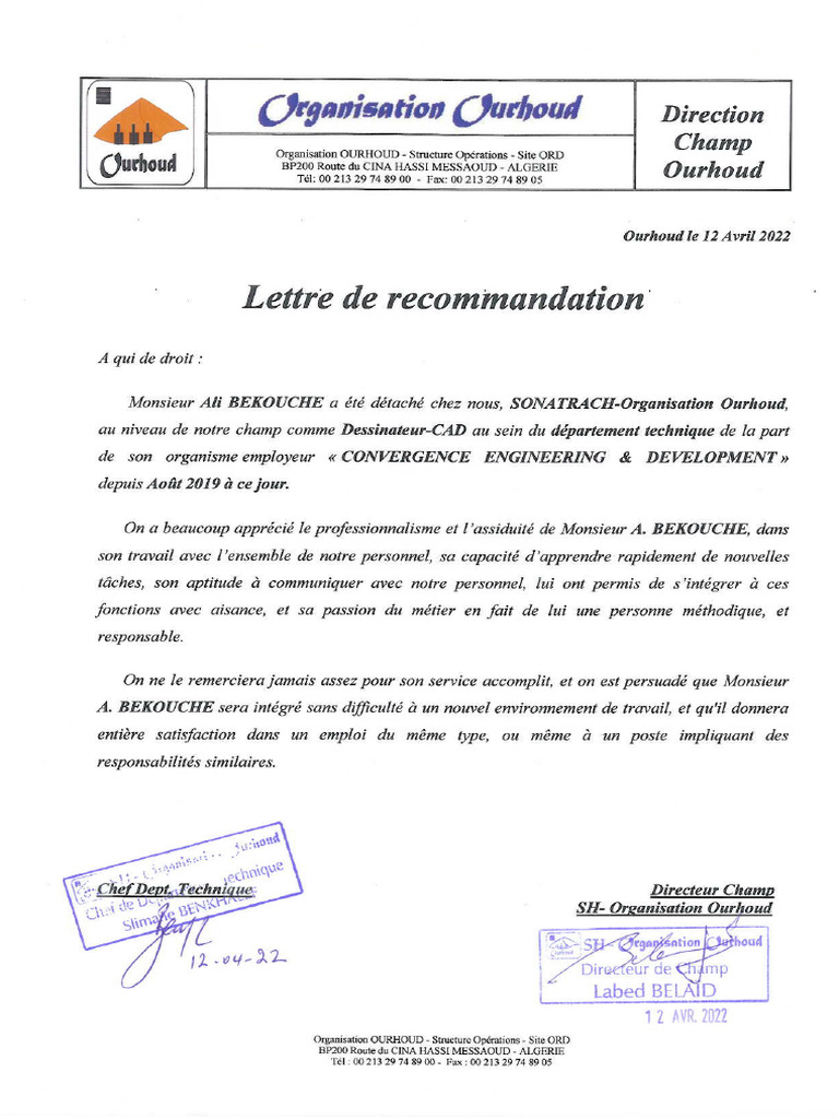 Lettre de recommandation Ali BEKOUCHE de SH-Ourhoud | PDF