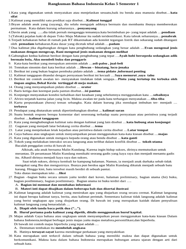 Rangkuman Bindo Kls 5 Sem 1 | PDF