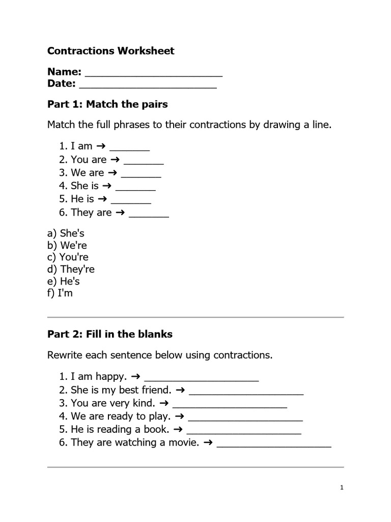 Contractions Worksheet | PDF