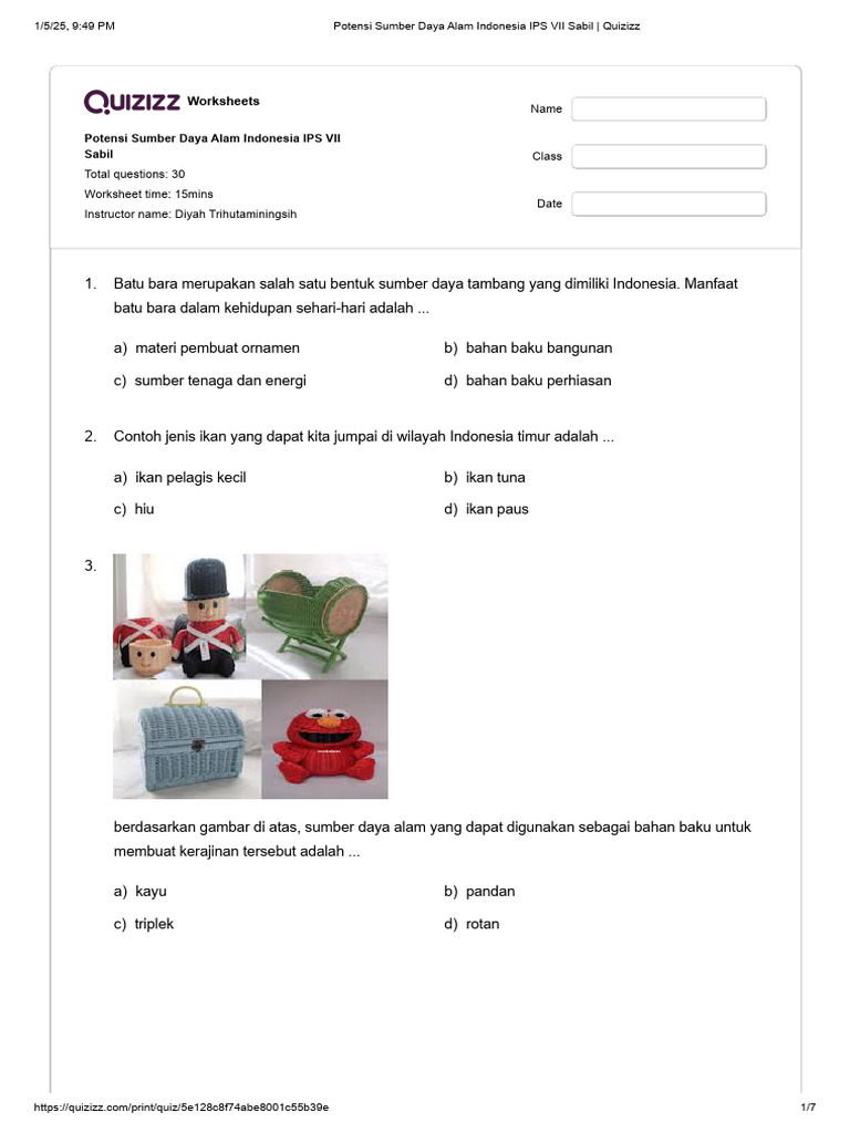 Soal Potensi Sumber Daya Alam Indonesia IPS VII Sabil - Quizizz | PDF