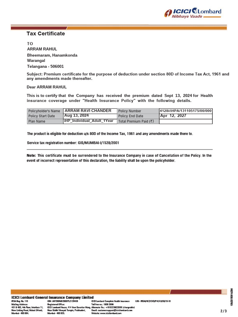 Arram Ravi Chander 80d Claim | PDF | Insurance | Economies