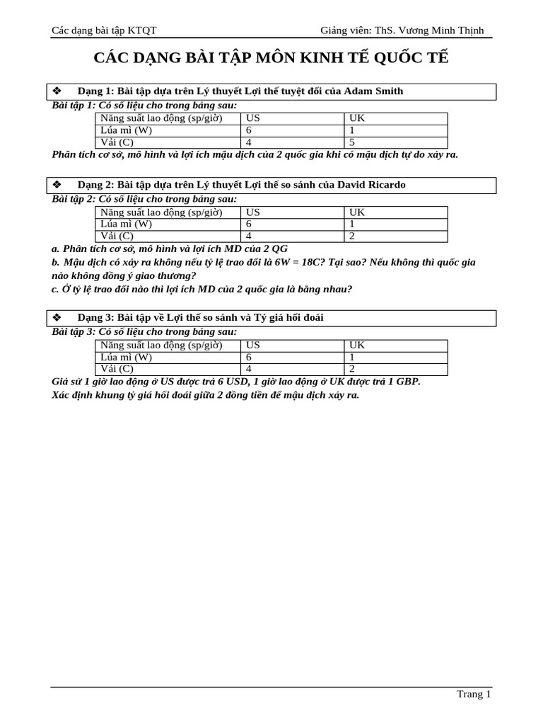 Các dạng bài tập QTKDQT (câu hỏi) | PDF
