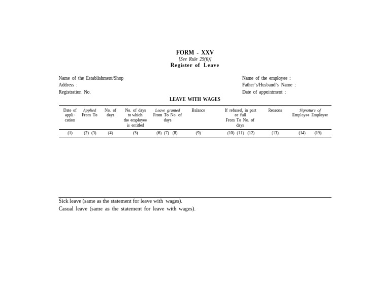 Leave Register with Wages Format | PDF