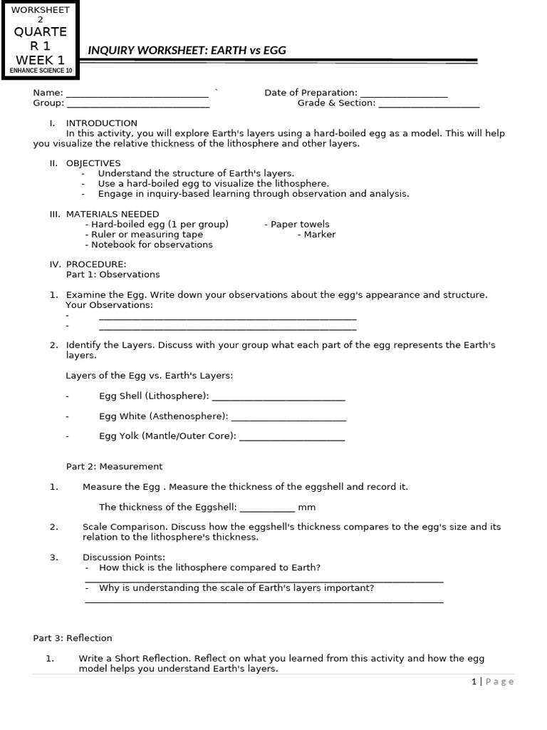 q1w1ws2 Inquiry Worksheet-Earth Vs Egg | PDF | Geology