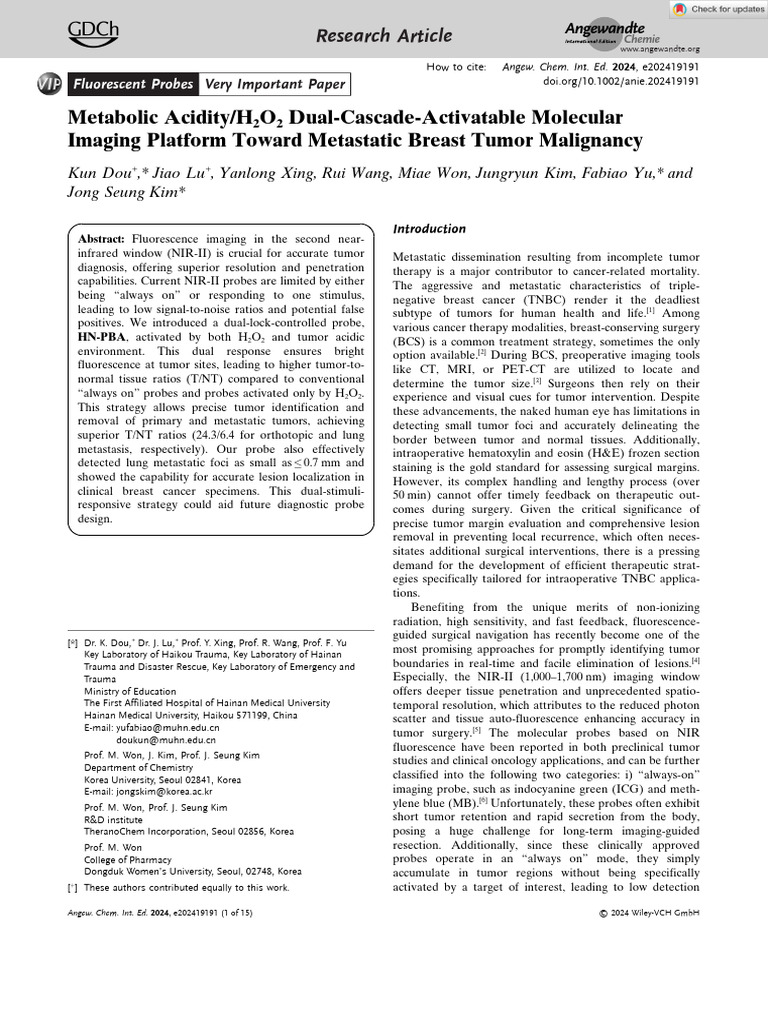 Angew Chem Int Ed - 2024 - Dou - Metabolic Acidity H2O2 Dual Cascade Activatable Molecular ...