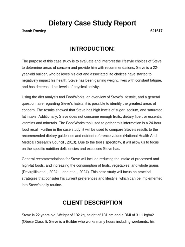 Dietary Case Study Report | PDF | Fat | Diet (Nutrition)