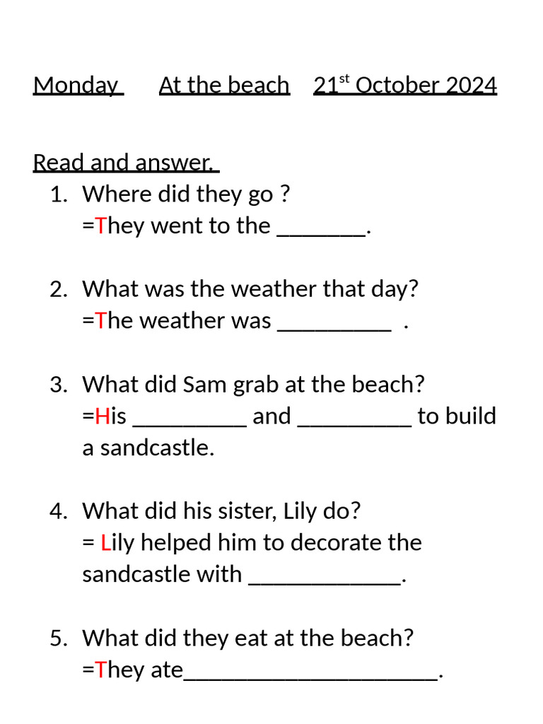 At The Beach Comprehension | PDF