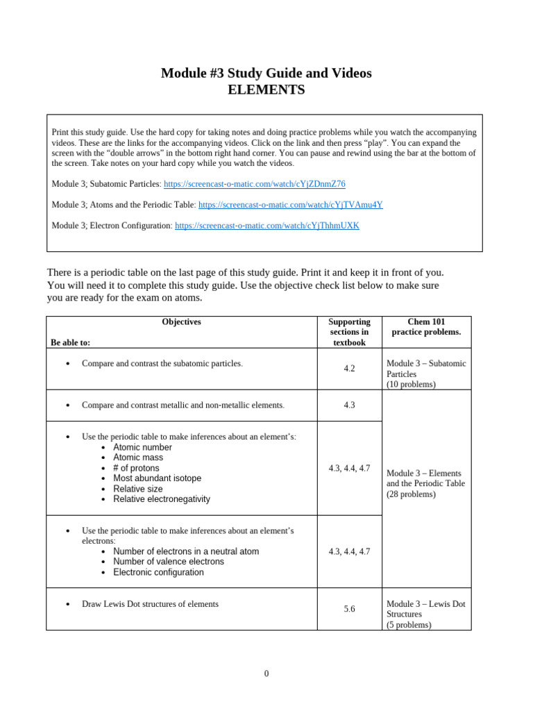 Module 3 Study Guide and Video Links | PDF | Atoms | Chemical Elements