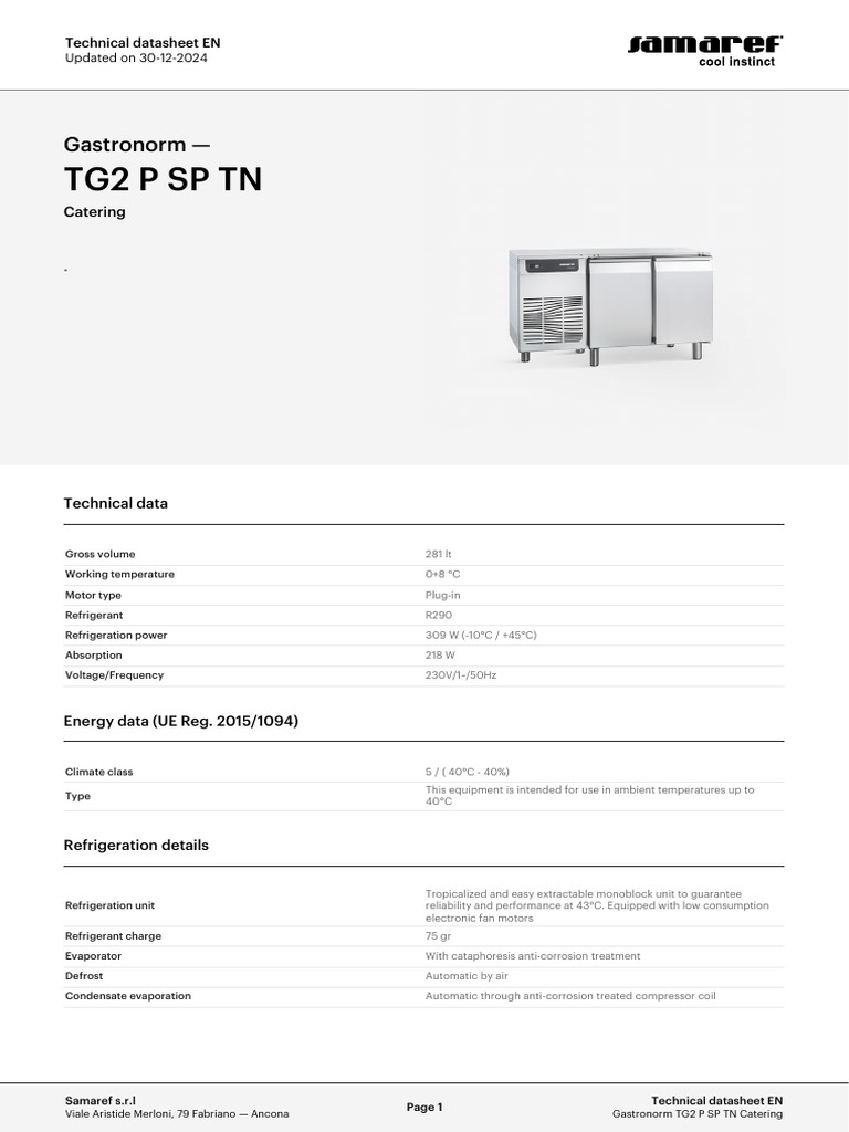 Technical Datasheet - TG2 P SP TN | PDF | Refrigeration | Materials