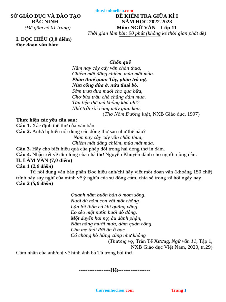 De KT Giua HK1 Van 11 So GD Bac Ninh 2022 2023 | PDF